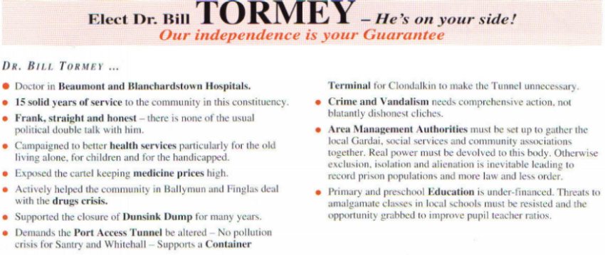 Dr Bill Tormey -Independent- Dublin North West 1997 | Irish Election ...