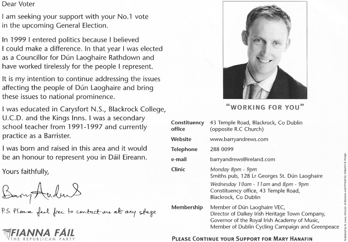 Flyer for Barry Andrews -Fianna Fail -2002 GE Dun Laoghaire | Irish ...
