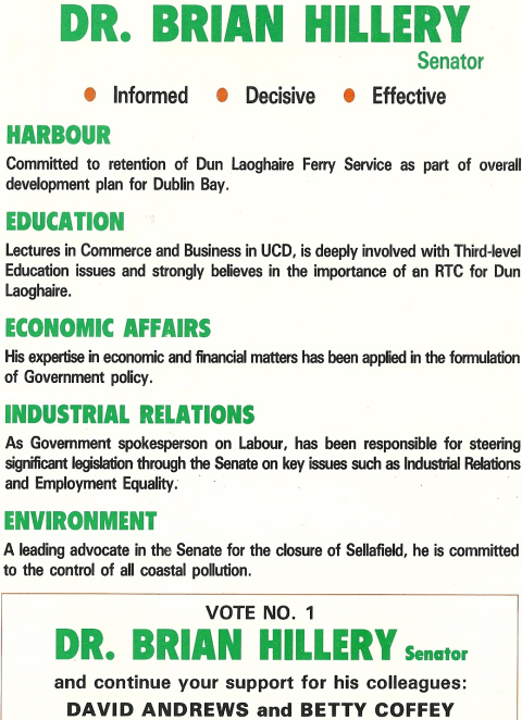 Flyer for Brian Hillery -Fianna Fail 1989 General Election- Dun ...