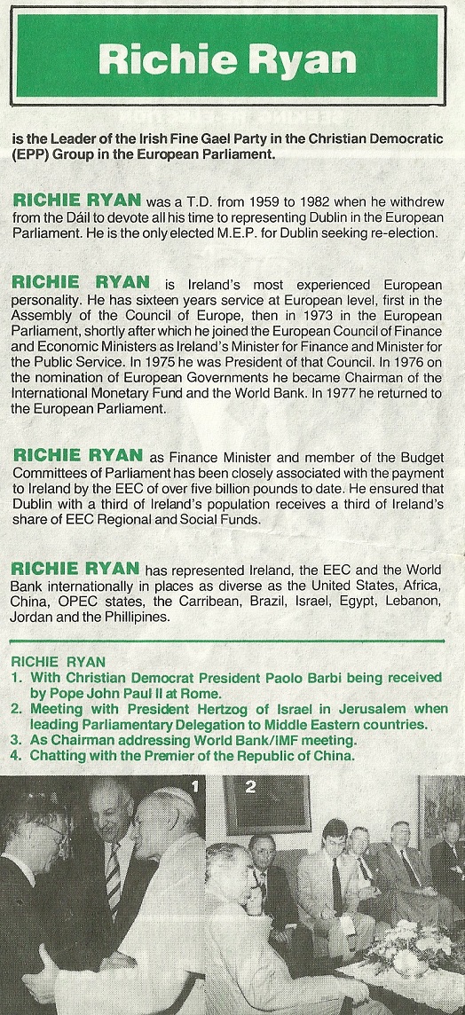 “Dublin’s Only Elected MEP” -Richie Ryan -Fine Gael -1984 European ...