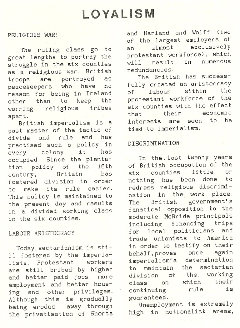 IRSP Information Sheet on “Loyalism” | Irish Election Literature