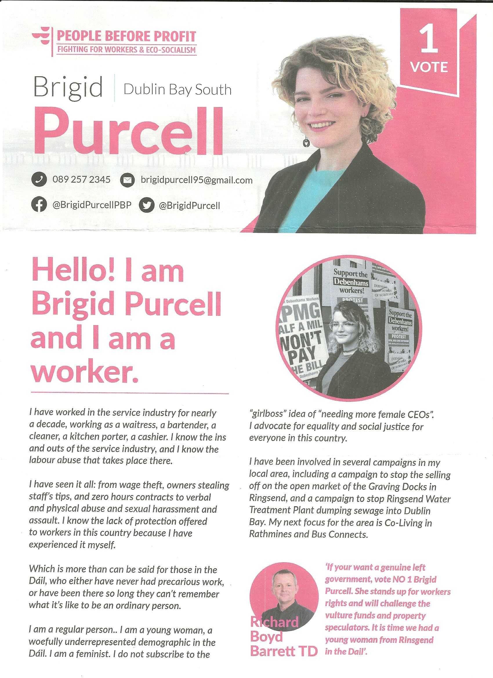 Leaflet from Brigid Purcell -People Before Profit -Dublin Bay South Bye ...
