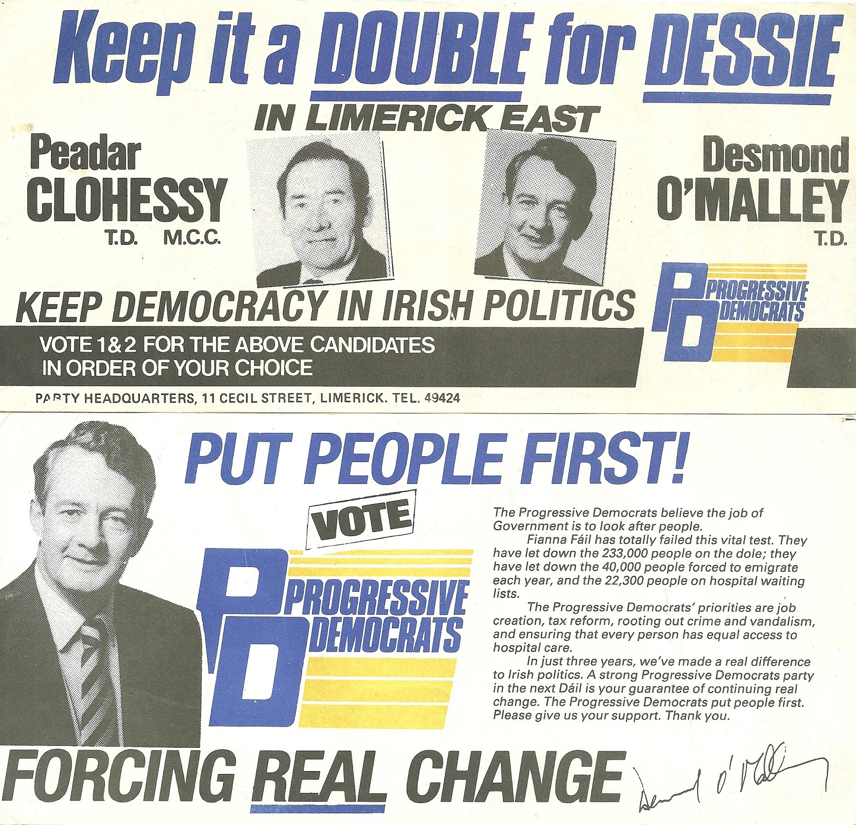 Leaflet from Des O’Malley, Peadar Clohessy -Progressive Democrats ...