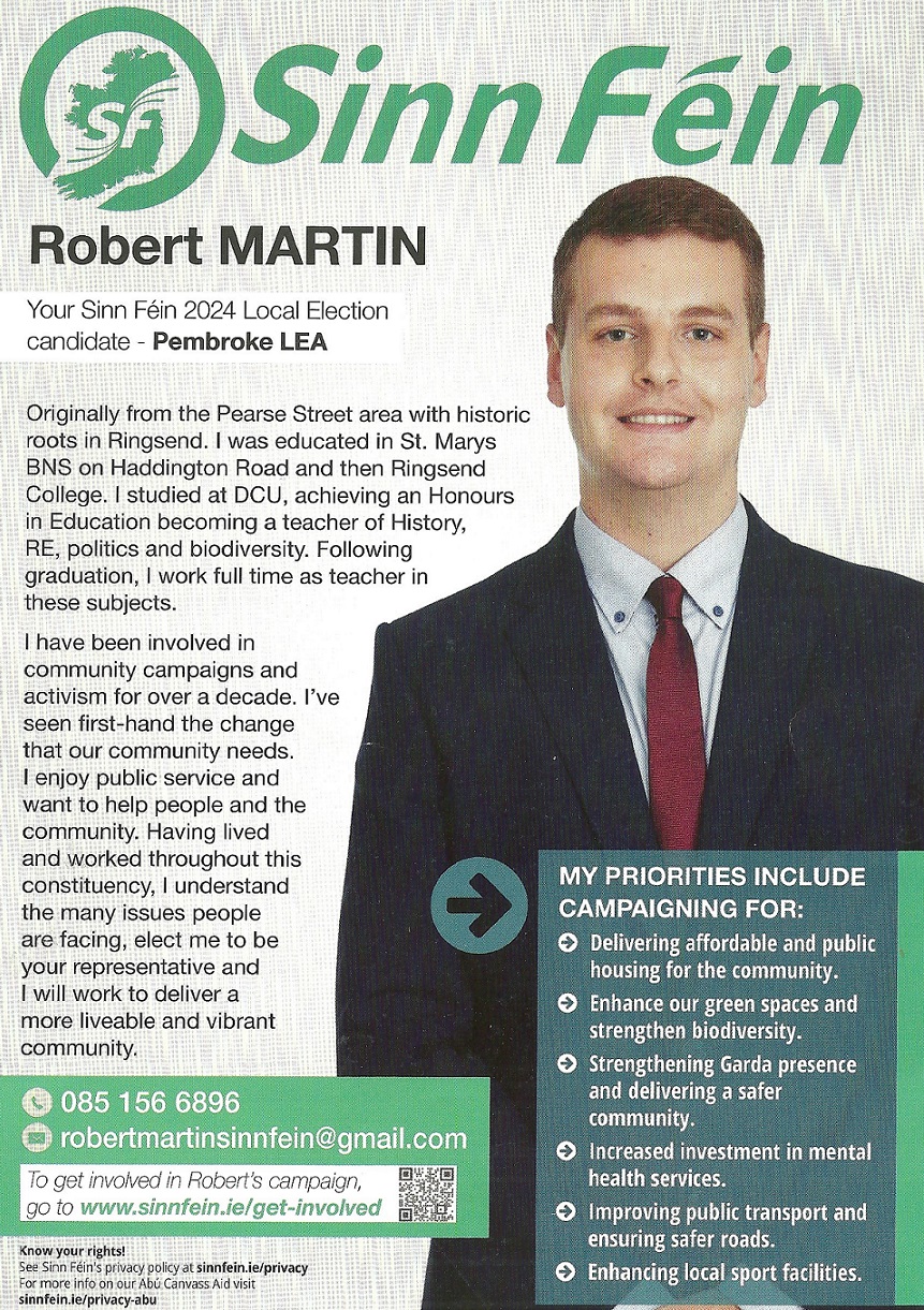 Leaflet from Robert Martin – Sinn Féin – Pembroke LEA – 2024 Local Elections | Irish Election ...