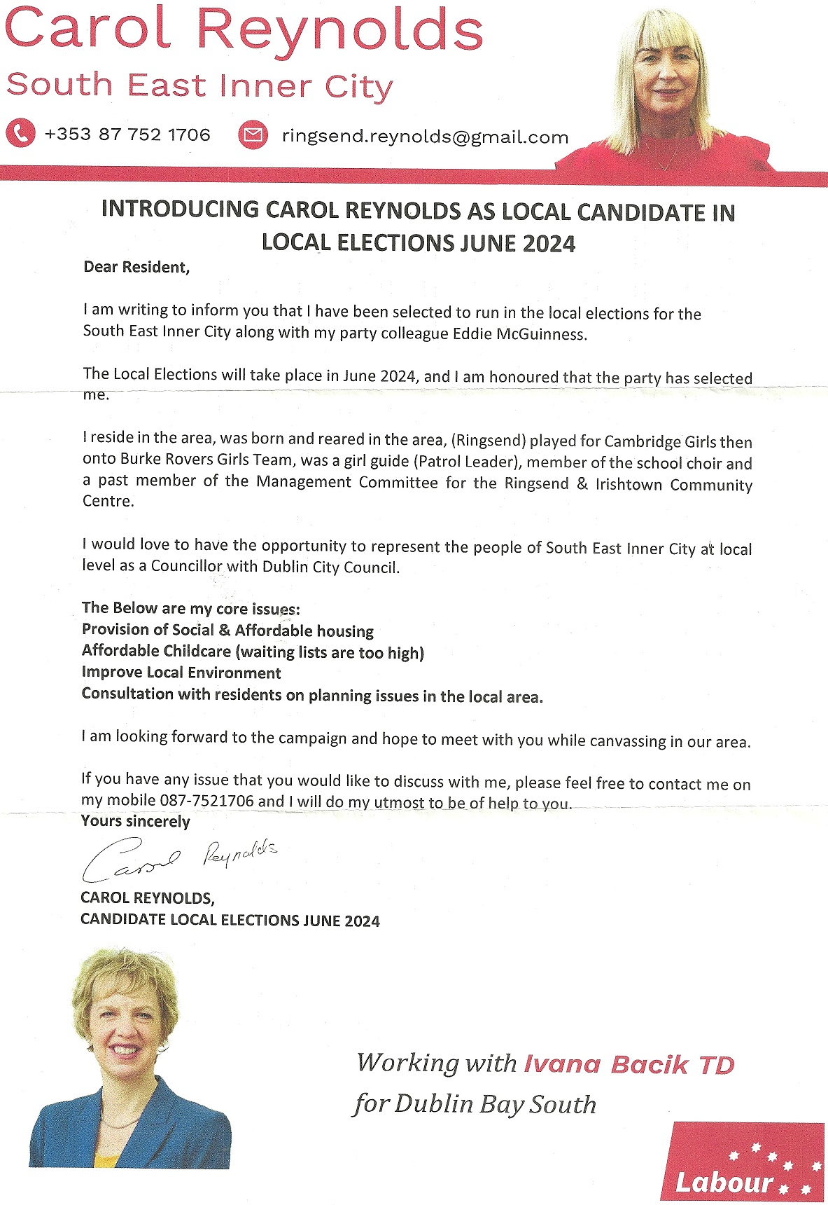 Leaflet from Carol Reynolds – Labour – South East Inner City – 2024 ...