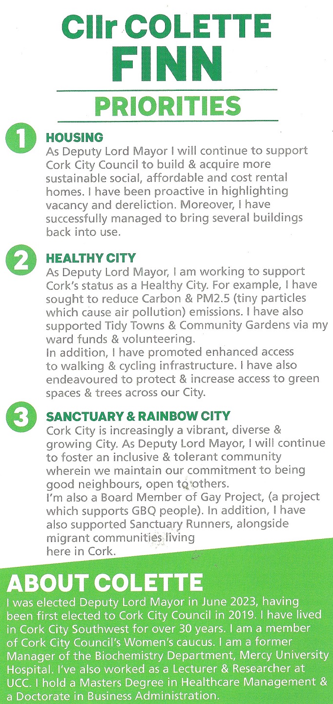 Leaflet from Colette Finn – Green Party – Cork City South West – 2024 ...