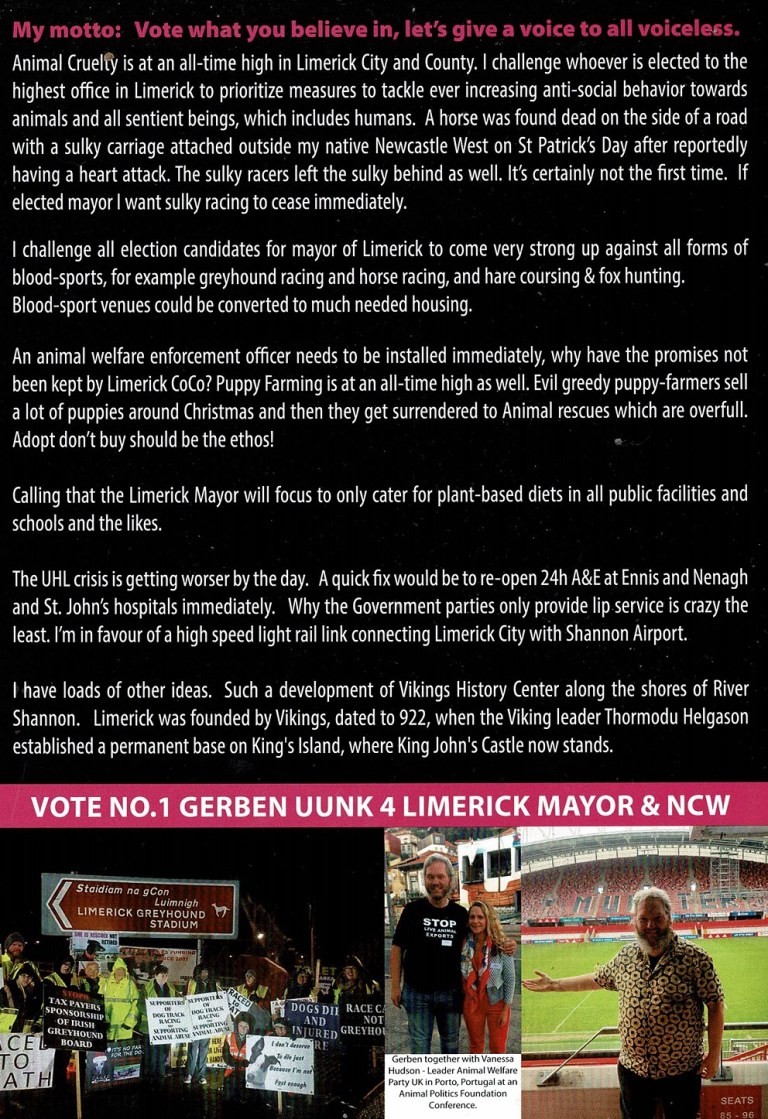 Leaflet from Gerben Uunk – Party for Animal Welfare – Limerick Mayor ...