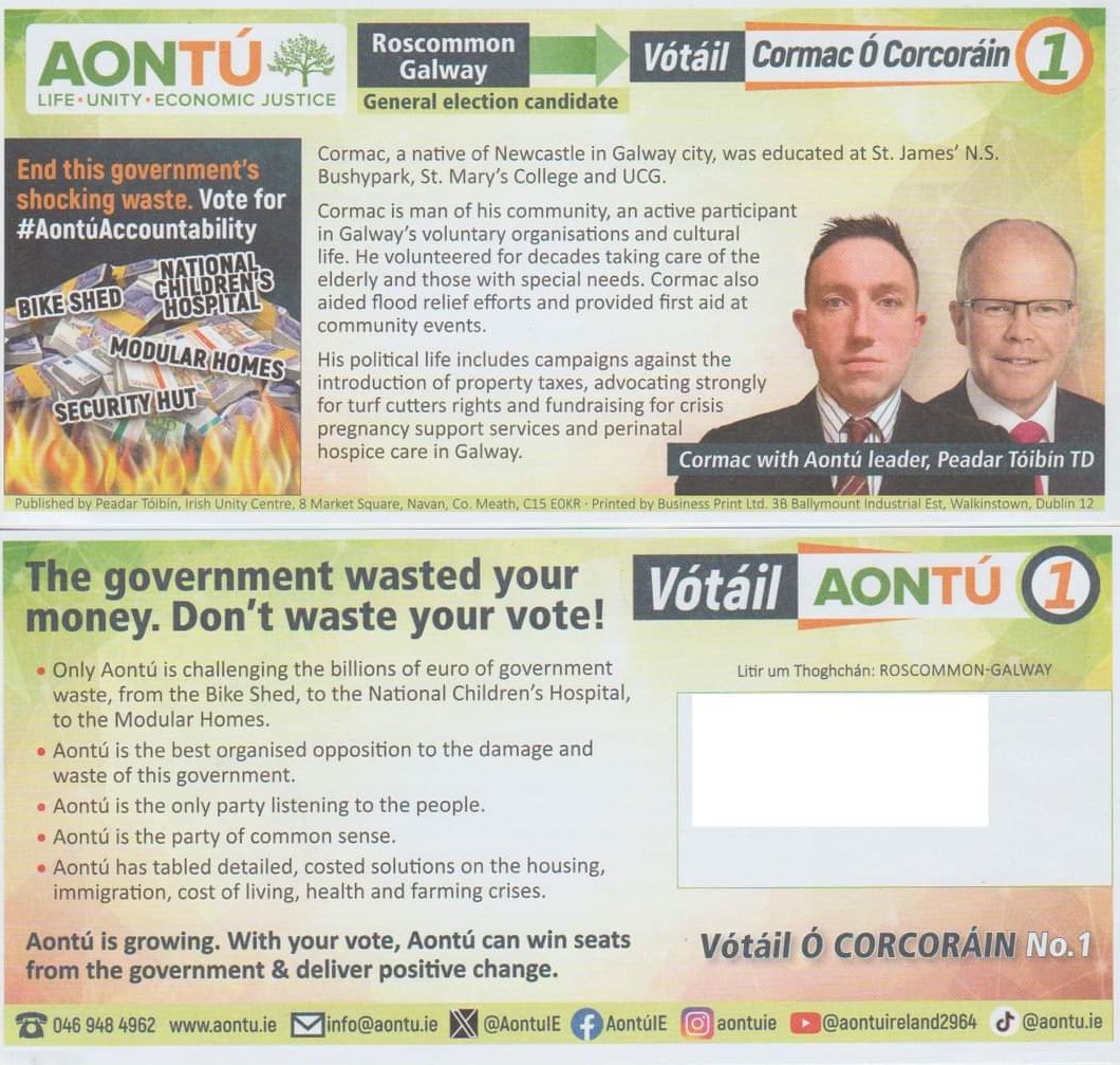 Leaflet from Cormac Ó Corcoráin – Aontú – Roscommon Galway – 2024 ...