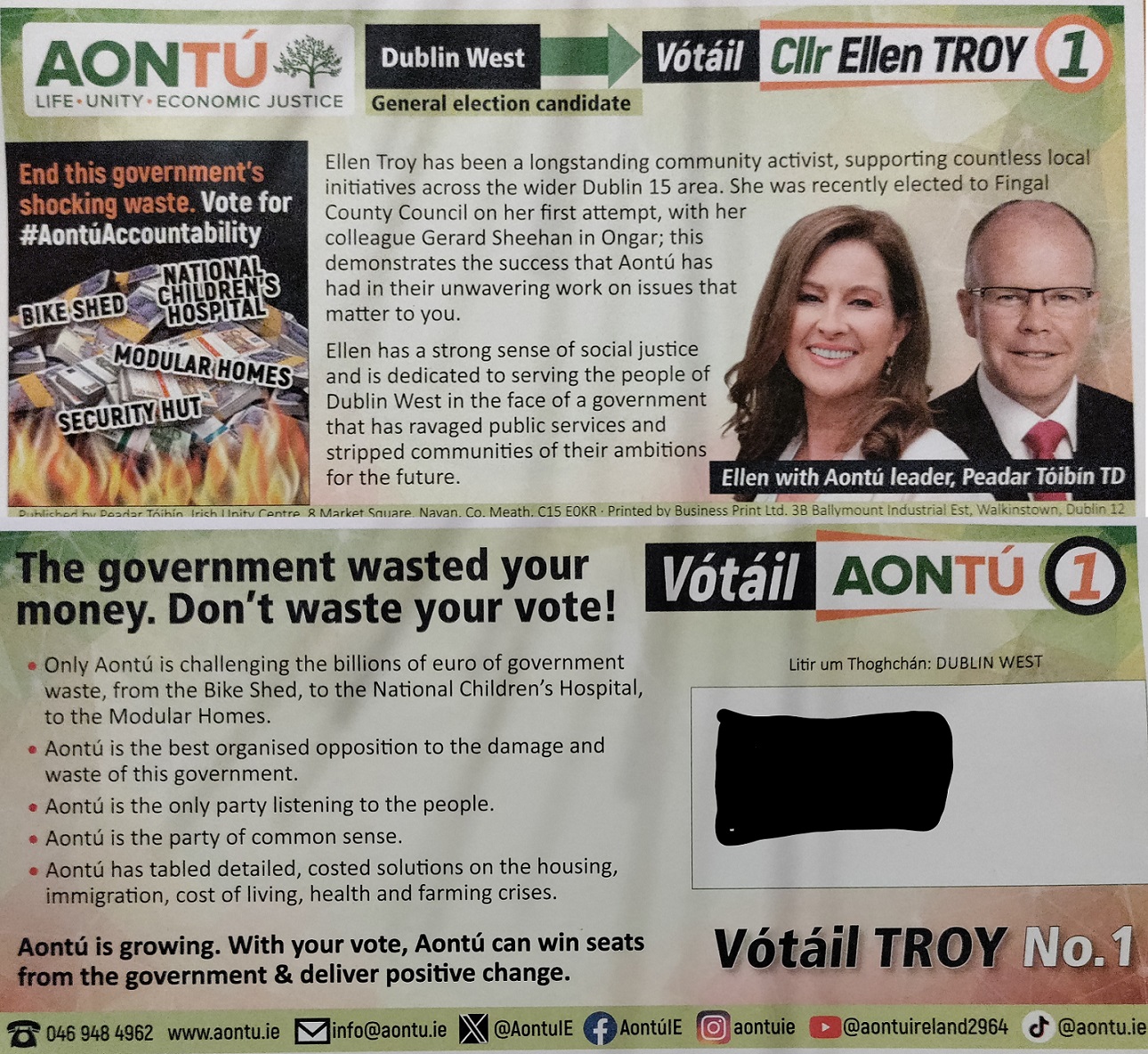 Leaflet from Ellen Troy – Aontú – Dublin West – 2024 General Election ...