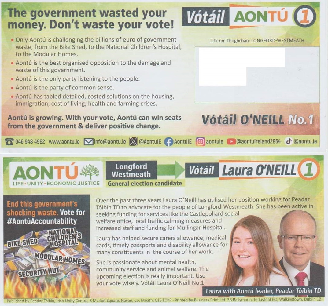 Leaflet from Laura O’Neill – Aontú – Longford Westmeath – 2024 General ...