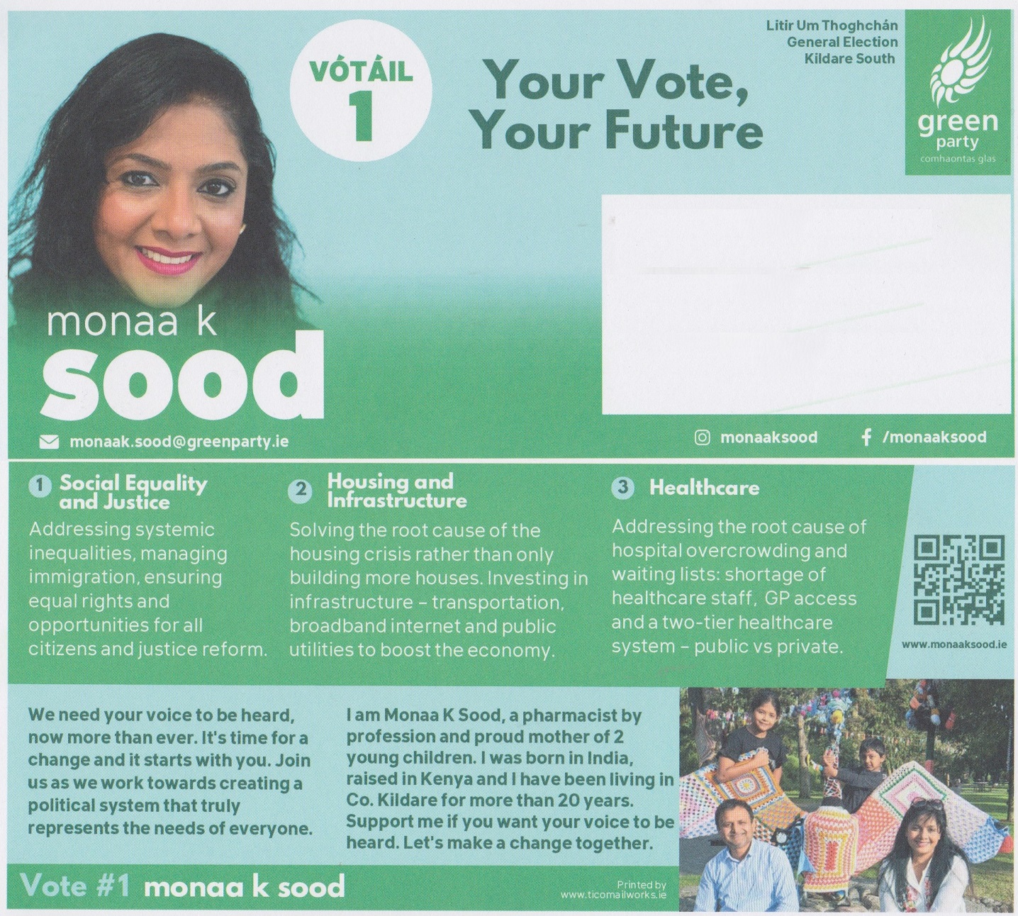 Leaflet from Monaa K Sood – Green Party – Kildare South – 2024 General ...