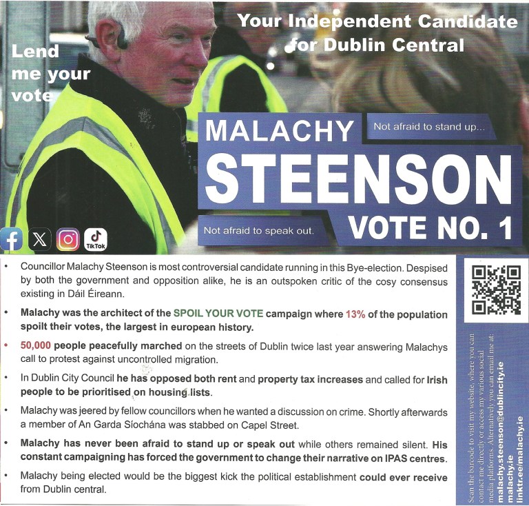 Leaflet from Malachy Steenson – Independent – 2026 Dublin Central By ...